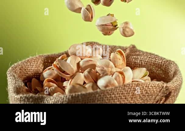 Super Slow Motion Shot of Pistachio Nuts Falling into Jute Bag on ...