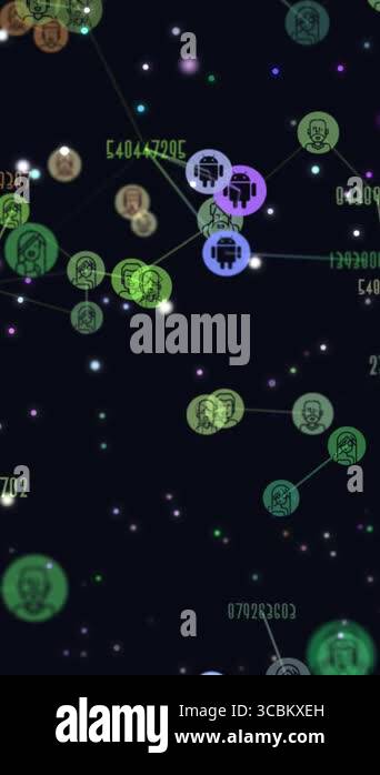 Digital, graphic video animation of network abstract users, flying ...