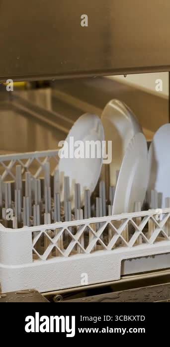 Close up, white plate on basket in automatic dishwasher machine for ...
