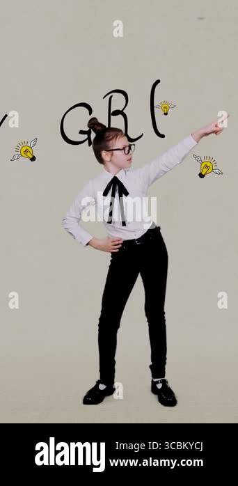 Smart Teenager girl in glasses ponders a successful idea, draws success ...