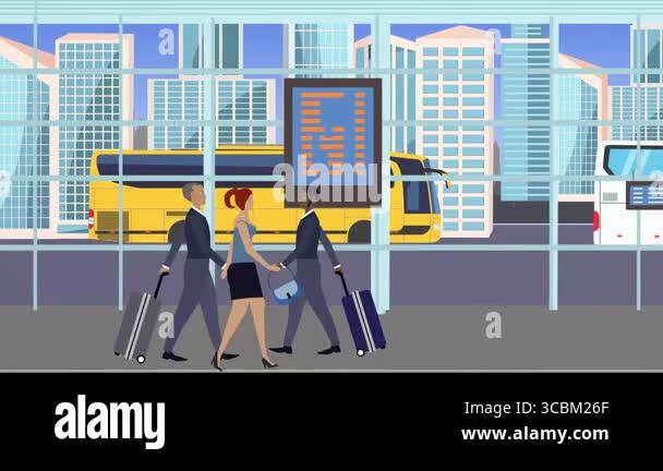Cartoon animation of people walking in the bus station, traveling city ...