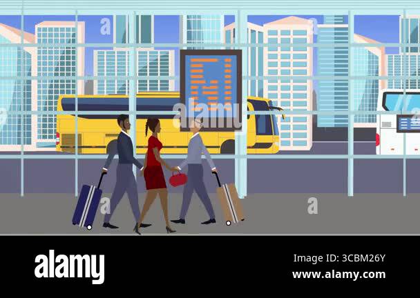 Cartoon animation of people walking in the bus station, traveling city ...
