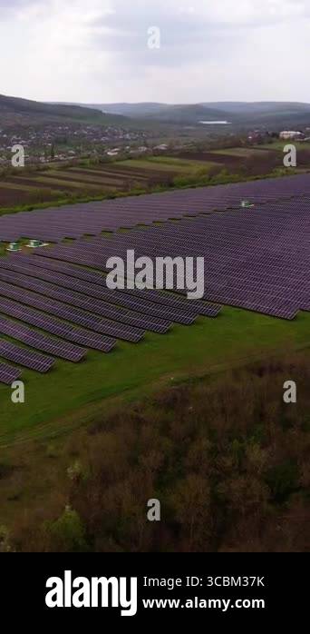 Solar panel farm stretches across gently rolling green landscape with ...