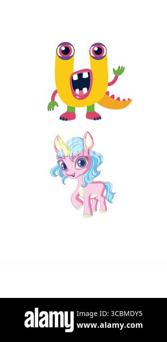 Playful animation featuring a letter U character and a unicorn ...