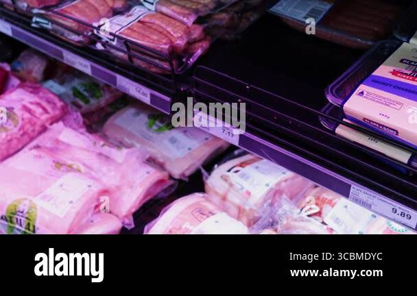 Person selecting packaged meat from supermarket shelf Stock Video ...