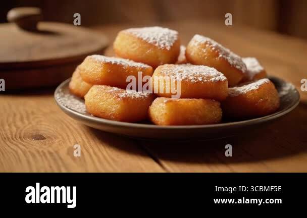 a delicious pile of golden doughnuts dusted with powdered sugar sits on ...