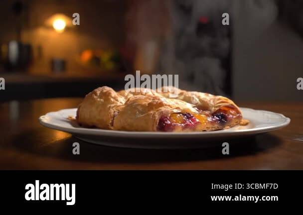 a delicious, steaming fruit strudel sits on a white plate, ready to be ...