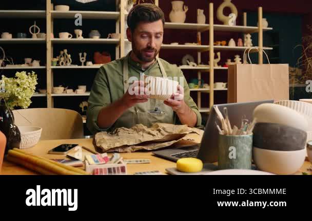 Sad upset Caucasian man guy small business owner craftsman businessman ...