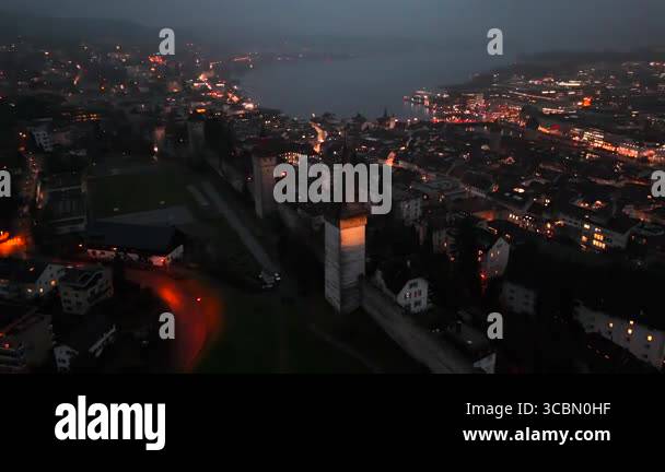 Musegg Wall and its nine towers aerial view at night overlooking ...