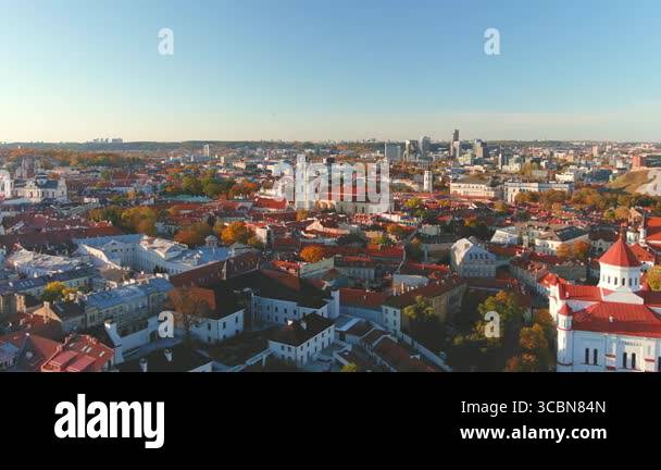 Beautiful aerial Vilnius city Old town panorama in autumn with orange ...