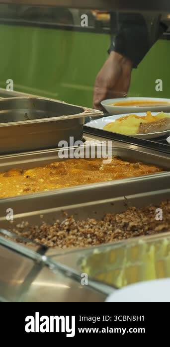 Close-up, showcase with dishes in modern Self service canteen ...