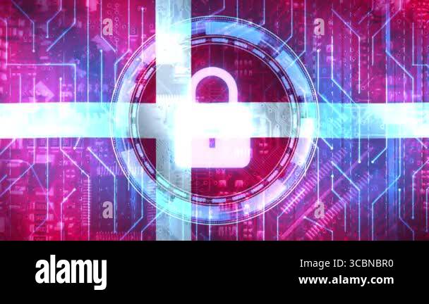 Denmark high cyber security concept with waving flag and glowing lock ...