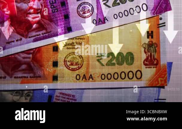 Indian rupee going down concept 4k footage with arrows and reg graph ...