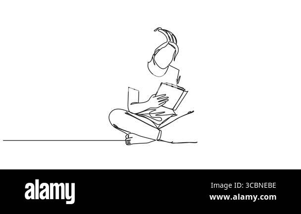 animated continuous single line drawing of girl sitting on floor ...