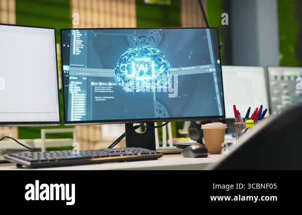 PC in empty IT startup office displaying artificial intelligence programming languages used for ...