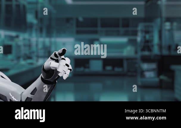 Close up of robotic hand point and tap at cross hologram with blurring ...