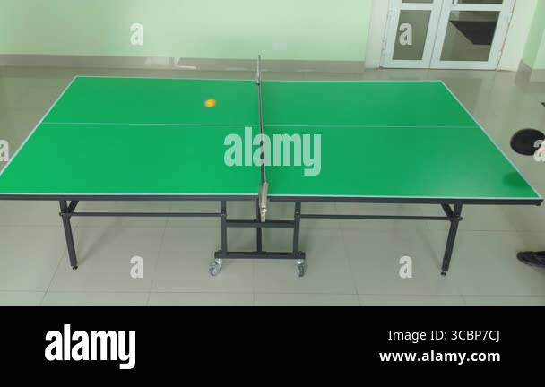Green table tennis setup with orange ping pong ball on professional ...