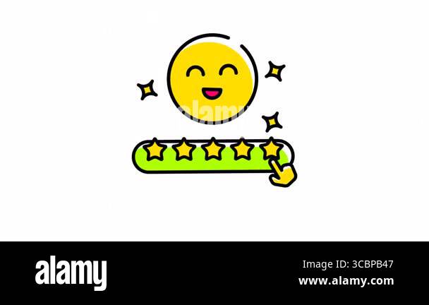 animation of Happy face with five gold stars and a hand, ideal for rating systems, customer ...