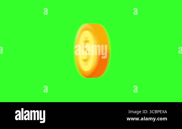 3D animated golden dollar coin,rotating on a green screen background ...