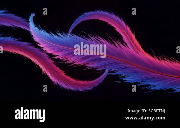 Abstract video featuring neon feathers in motion. The feathers are ...