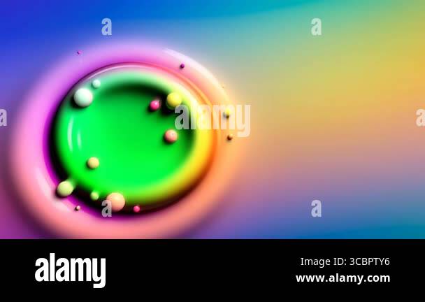 Abstract video showing a green liquid surface with colorful spheres and ...