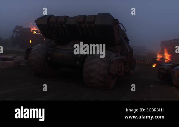 apocalyptic war machine drives through a destroyed burning city Stock ...