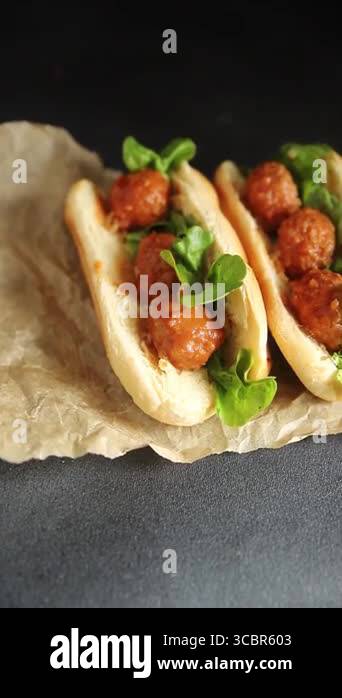 Meatball sandwich fast food meat dish fresh gourmet food background on ...