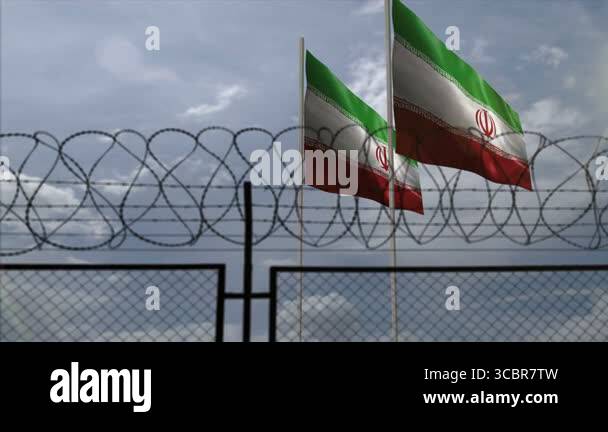 Iran waving flag on country border concept. Iranian blowing banner with ...