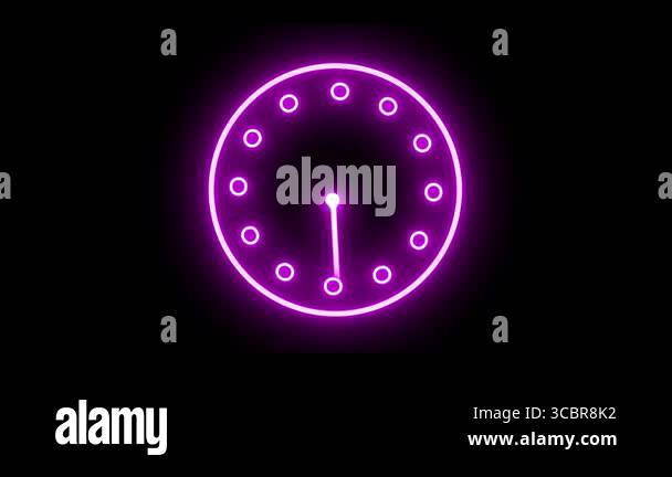 Elegant neon clock animation displaying time against a black background ...