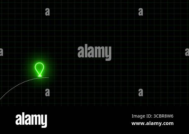 Gps tracking animation. Neon green pins on dark background. Glowing green location pins ...