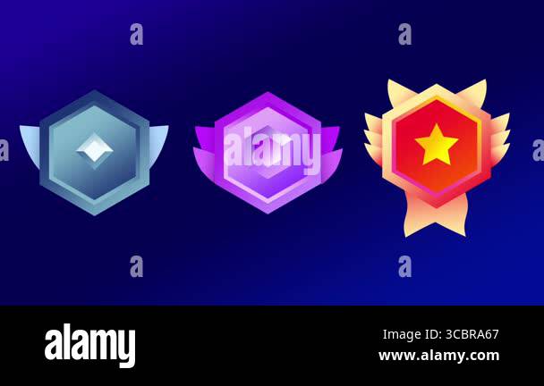 Trio of ranking badges from silver to gold represent progressive levels ...