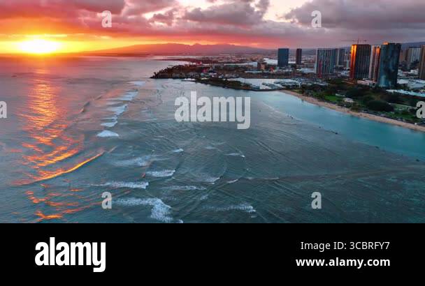 Amazing sunset over the ocean waterscape. Drone footage above the ...