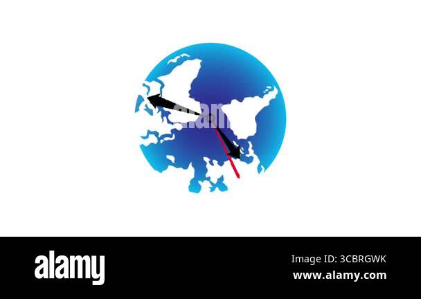 animation of rotating clock hands with rotating globe on white ...