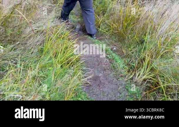 A hiker navigates a narrow, grassy trail in Queenstown, New Zealand ...