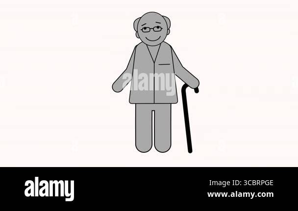Animated pictogram character of an elderly man with glasses and a cane ...