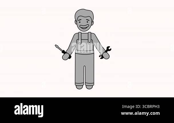 Animated pictogram character of a smiling mechanic holding two tools ...