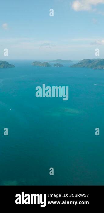 Drone view of blue sea and small islands in El Nido, Philippines ...