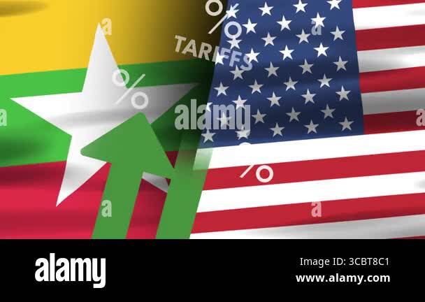Waving flags of Myanmar and the United States animated with green ...