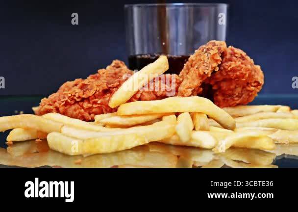 Fried Chicken and fries along cold drink filling the glass 4k Footage ...