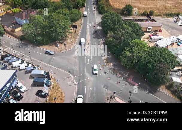 Aerial Low Angle Static Shot Of Four Way Junction Road With Light ...