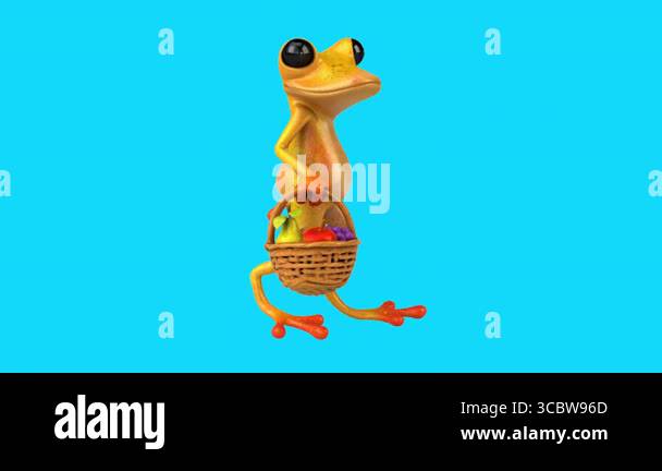 Cartoon yellow frog carrying wicker basket of fruits on blue background ...