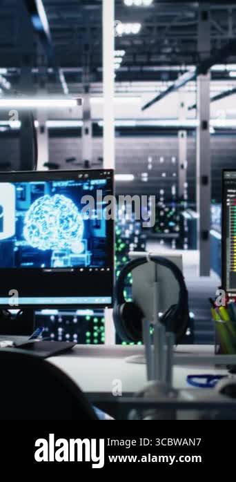 Vertical video AI development workstations in data center with monitors ...