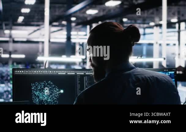 Server room technician stretching sore back while using AI at desk. Fatigued IT expert in data ...