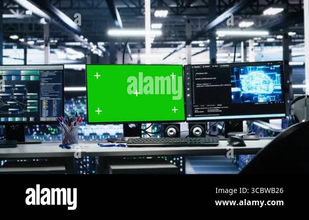 Server room chroma key PCs tracking rigs processing machine learning datasets for artificial ...