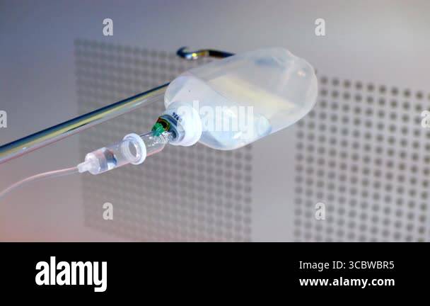 Plastic IV drip bottle with connected tubing in a medical setting ...