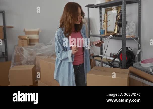 Woman organizing boxes in new home with clipboard surrounded by packing ...