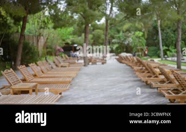 Resort scene with blurred tropical background featuring wooden lounge ...