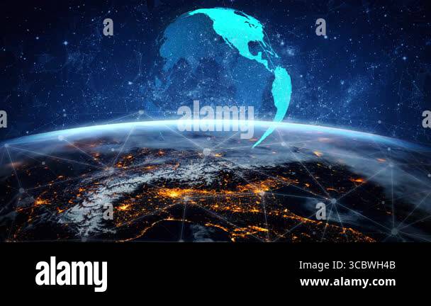 Global network connection visualization showing data exchange, digital link, worldwide ...