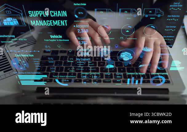 Supply chain management interface showing delivery routes, warehouse ...