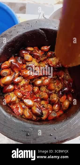 Top view of palm nuts in a wood mortar. Pounding palm nuts using a ...